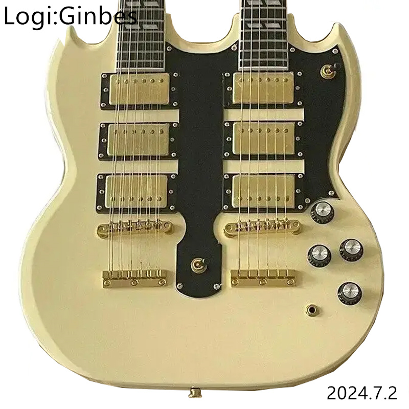 6-string Double Head Electric Guitar with Cream Yellow Body and Case