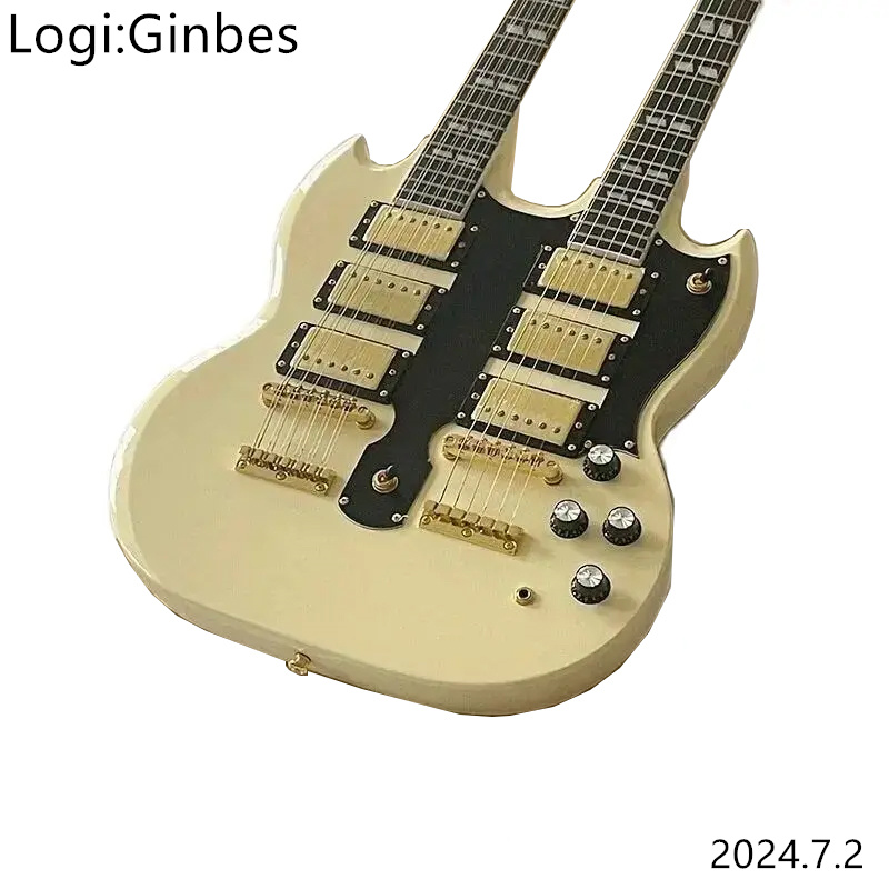 6-string Double Head Electric Guitar with Cream Yellow Body and Case