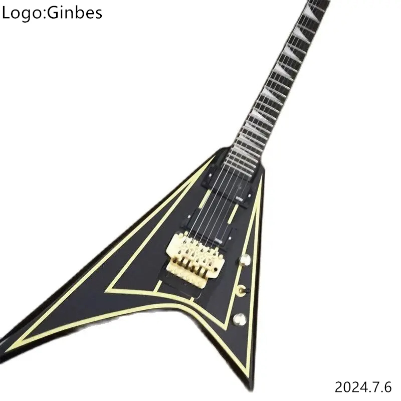 6 Strings Black V Shaped Electric Guitar HH Pickups FR Bridge Gold Hardware