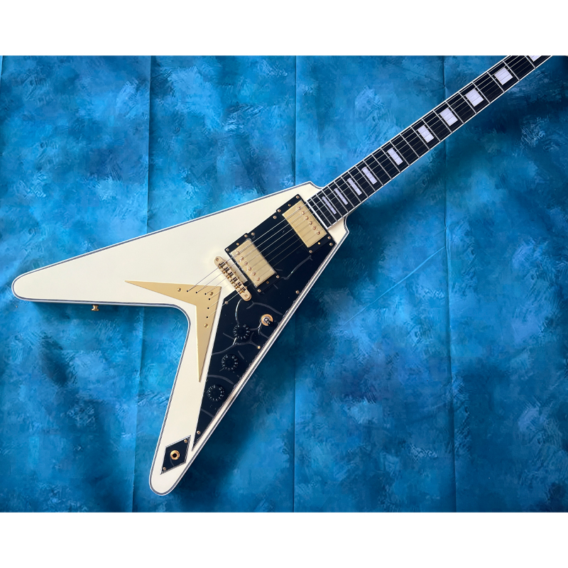 Electric Guitar V shape solid cream white color with Black Guard ...