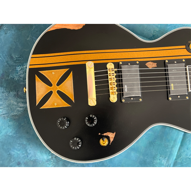 Black distressed guitar with yellow stripes LP 6-string electric guitar ...