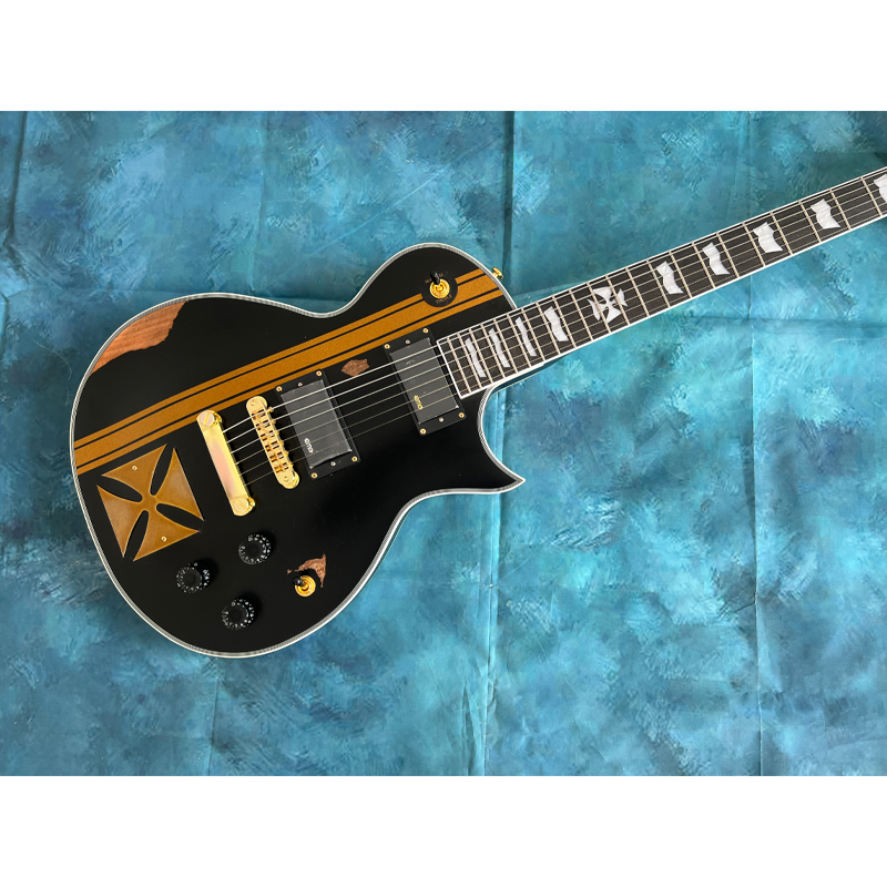 Black distressed guitar with yellow stripes LP 6-string electric guitar ...