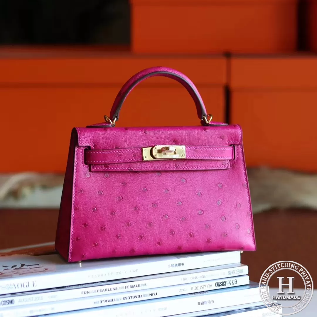 MINI KELLY II Ostrich 5J Fuschia pink GHW