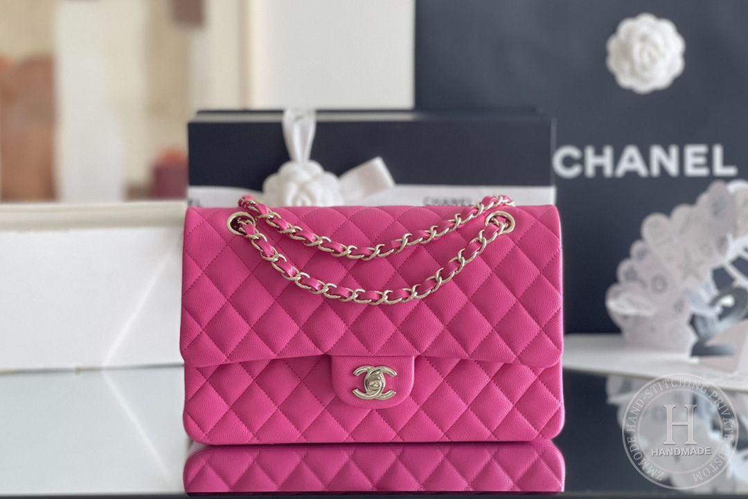 CLASSIC FLAP 25.5 × 15.5 × 6.5 cm ZP小球纹牛皮 LEATHER 玫红浅金扣