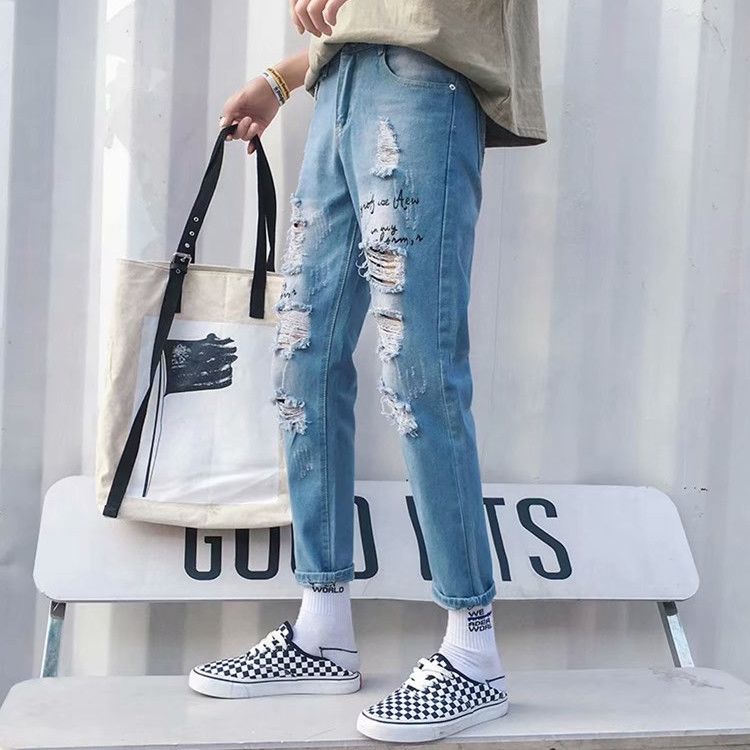 Ripped jeans men Korean version of the trend slim slim feet men's nine ...