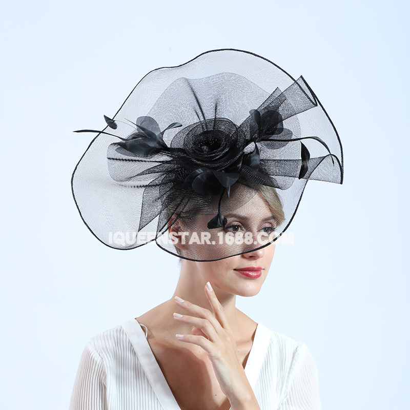 Cross-border European and American mesh party feather top hat hair ...