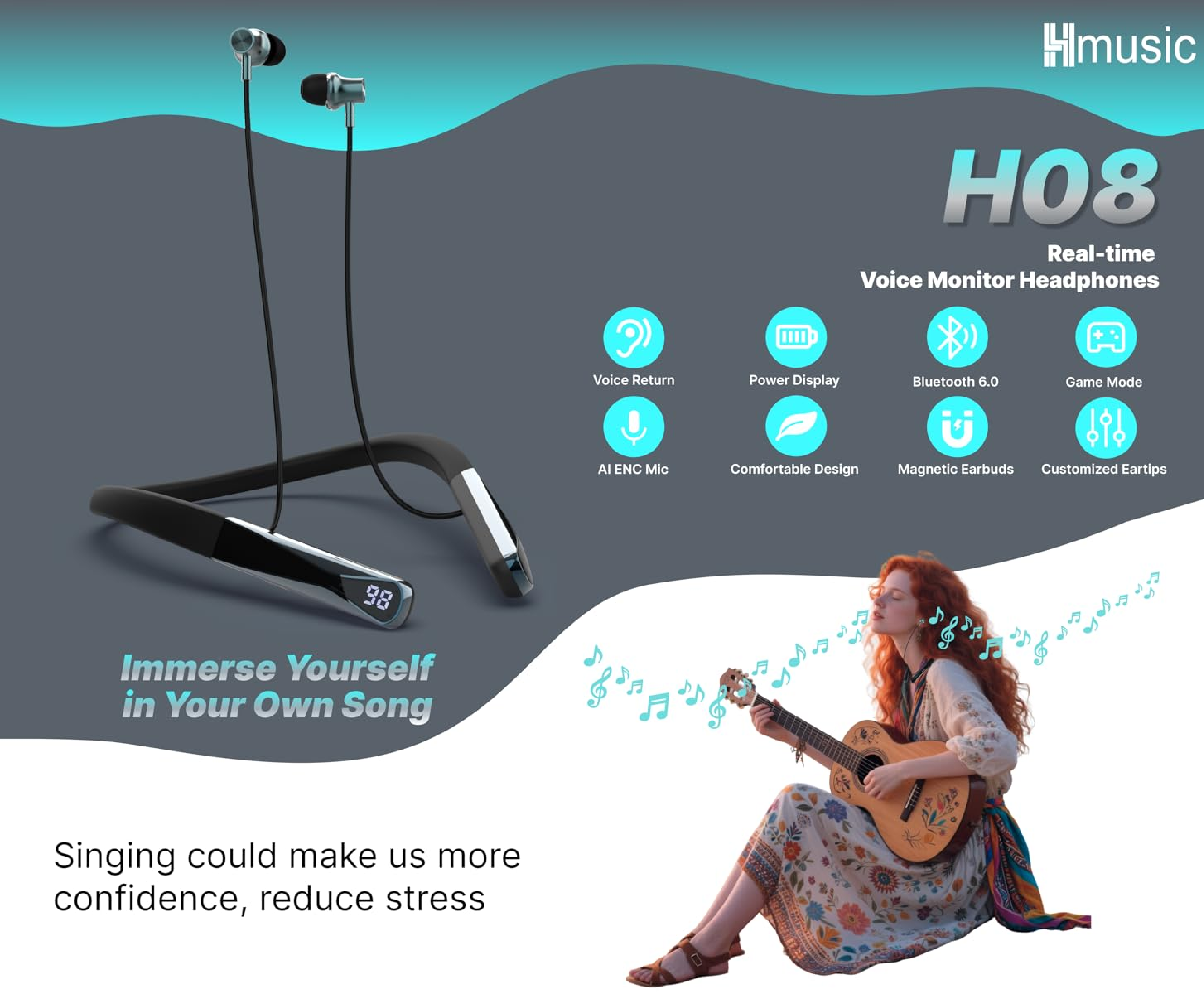 Hmusic® H08 Neckband Headphones w/ Voice Return Mic