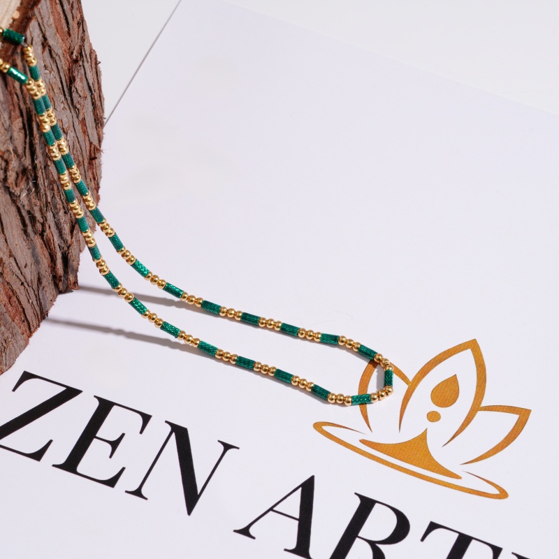 Zen Artisan Green Enamel Beaded Necklace - 925 Silver Gold Plated Rune ...