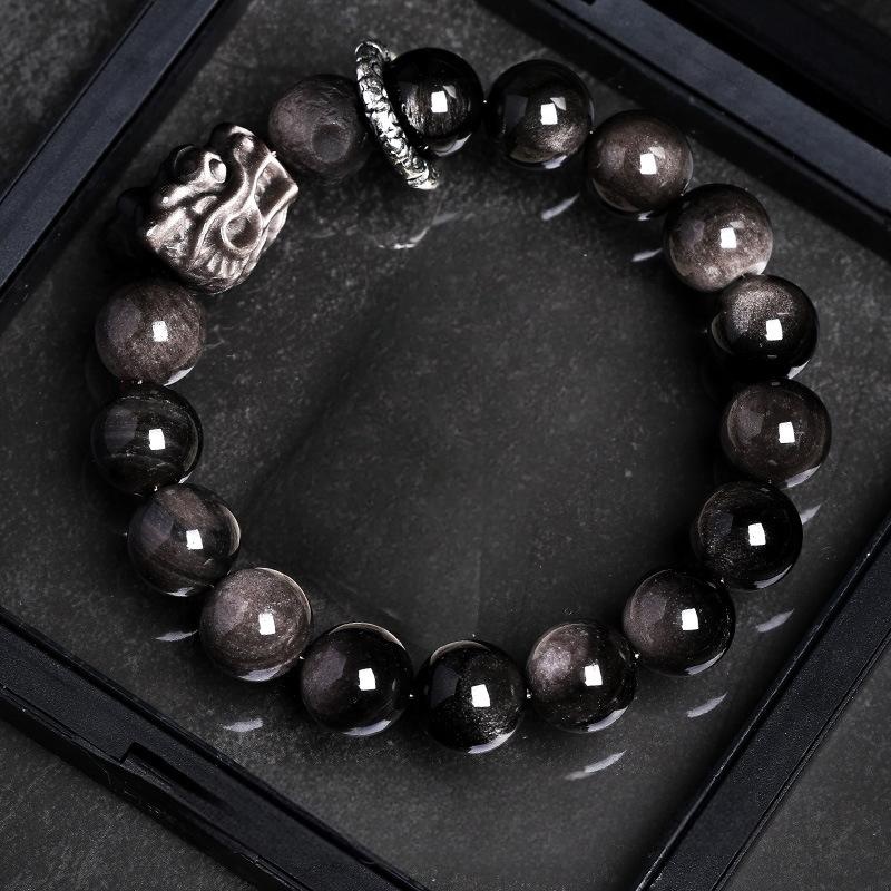 Silver Obsidian Dragon Head Bracelet | Feng Shui Protection & Luck Amulet
