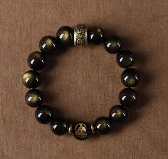 Natural Golden Obsidian Zodiac Buddha Bracelet | Six-Word Mantra Feng ...