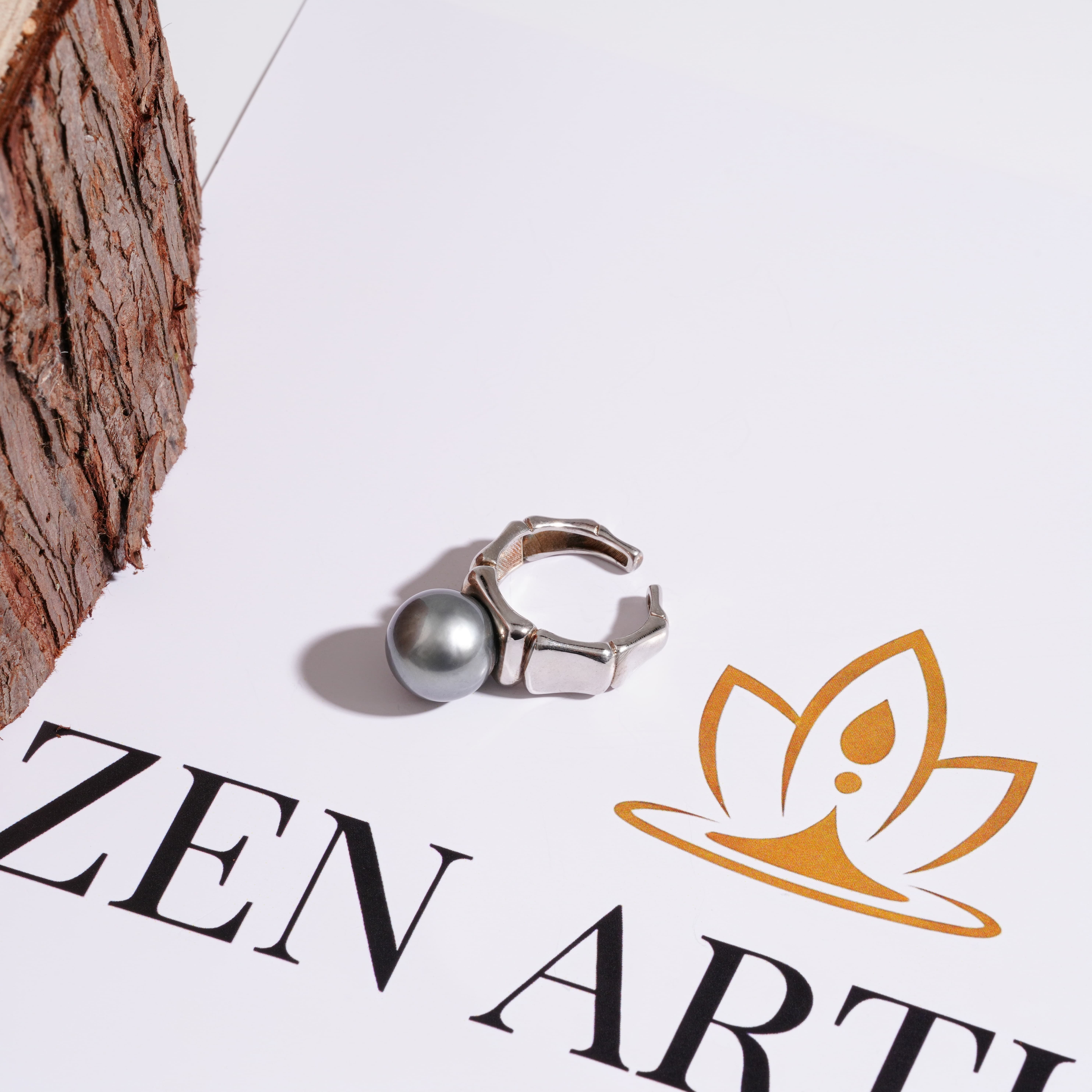 Zen Artisan Tahitian Platinum Gray Pearl Ring - 925 Silver Gold-Plated Rune