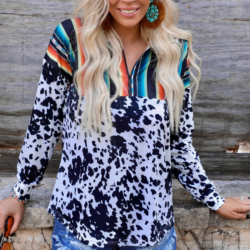 Loose Stripe Leopard Splicing Long Sleeve Half Open Top