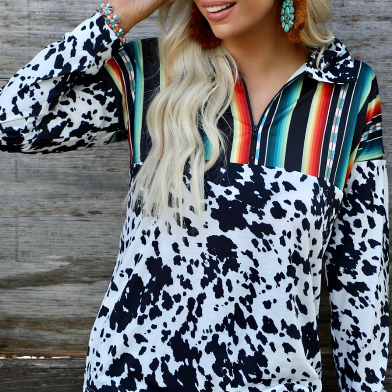 Loose Stripe Leopard Splicing Long Sleeve Half Open Top